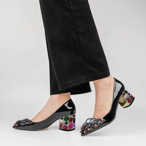 YDN | Shoes | Ydn Women Pointed Toe Bow Pump Colorful Rhinestone Block ...